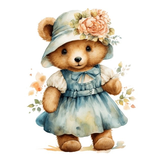 Teddy Bear Vintage Watercolor Clip Art 4 PNG Card Making Paper Crafts ...