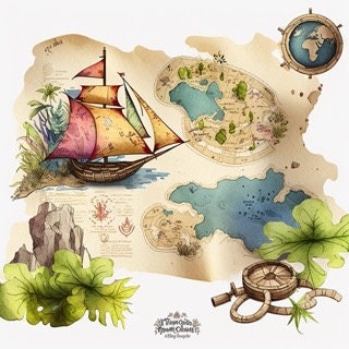 Treasure Map Watercolor Clipart 8 High Quality JPG Digital - Etsy