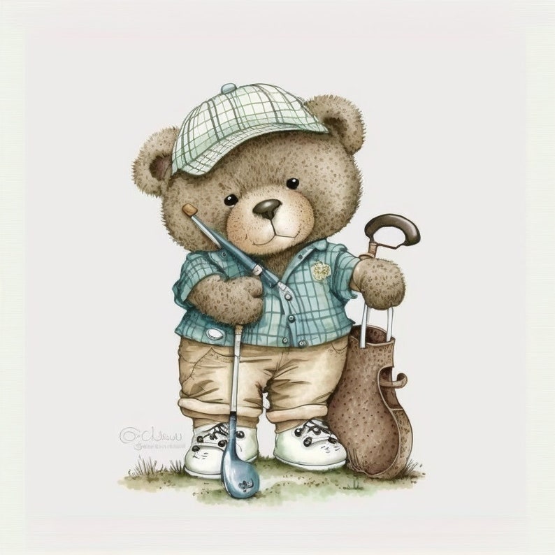 Teddy Bear Playing Golf Clipart, 8 High Quality JPG Watercolor Art ...