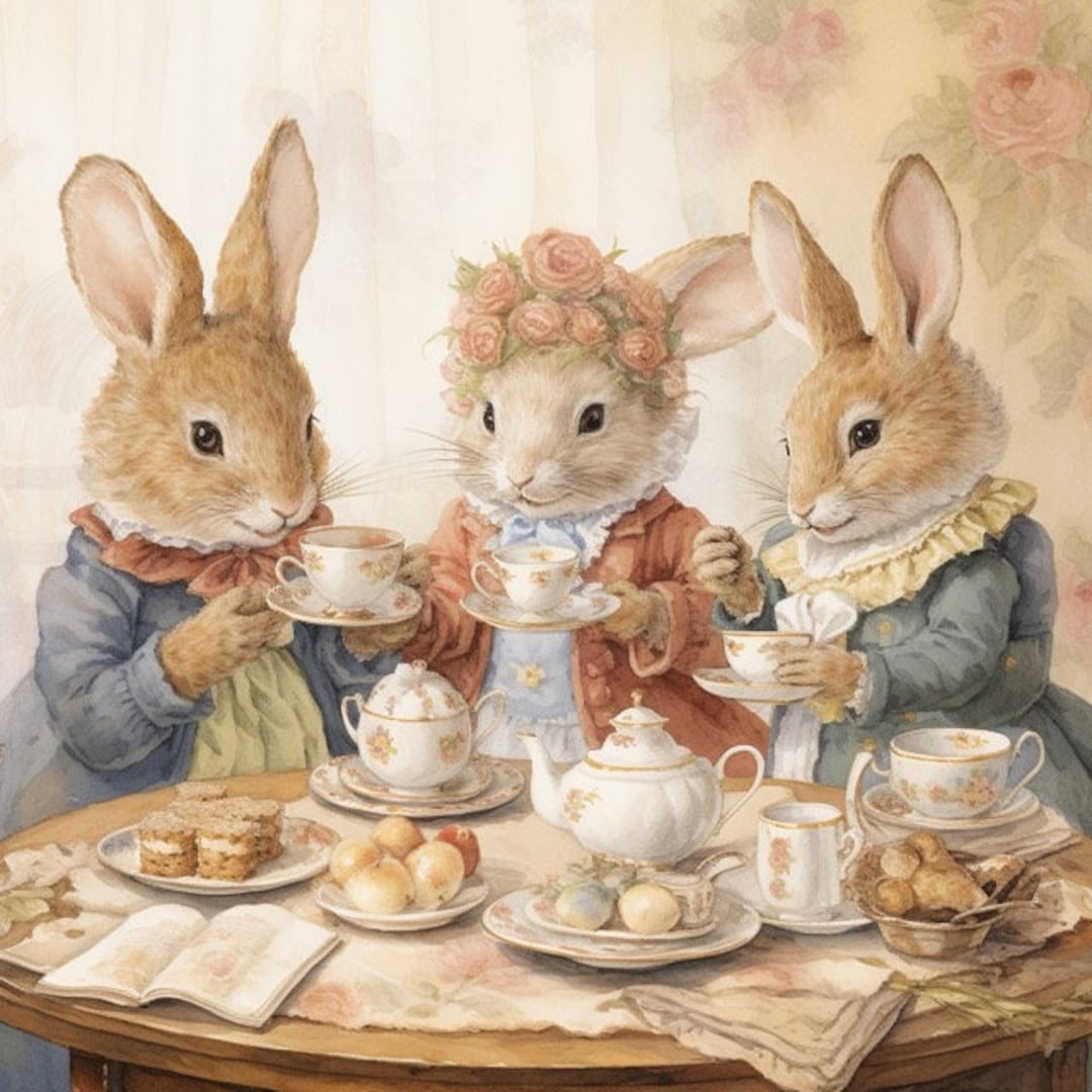 Bunny Rabbit Tea Time Watercolor Clip Art Sublimation Graphics 4 JPG ...