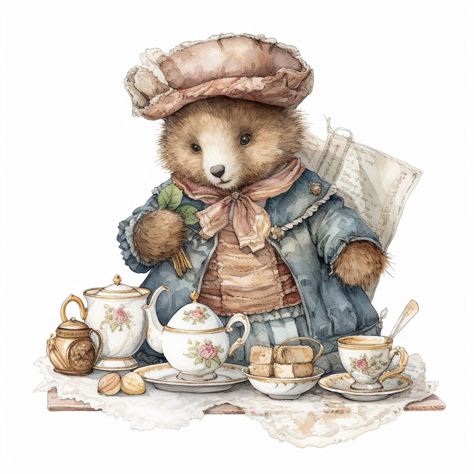Teddy Bear Tea Time Watercolor Clipart 8 High Quality JPG Watercolor ...