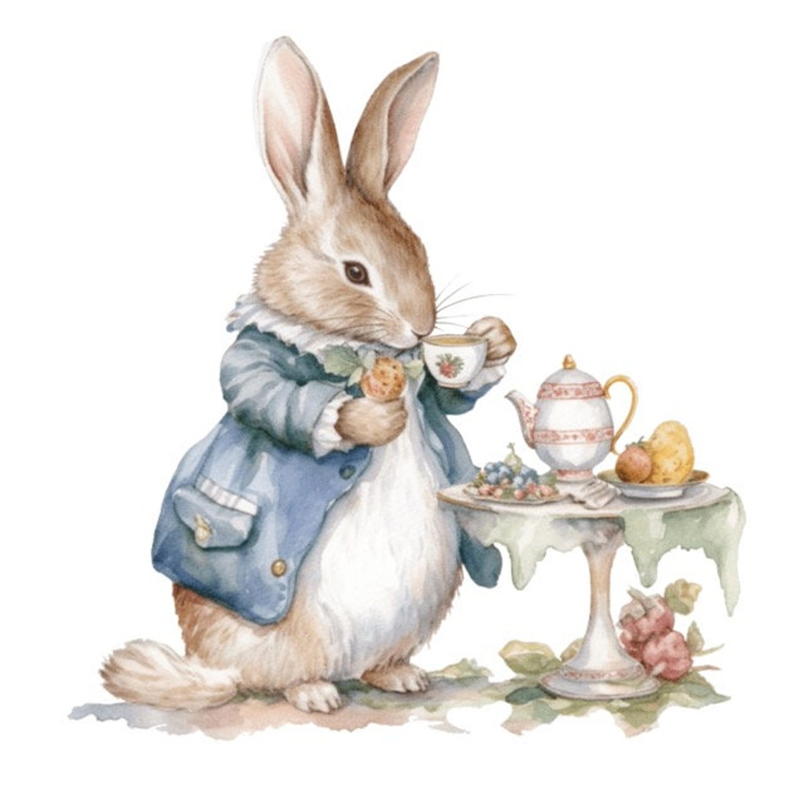 Bunny Rabbit Tea Time Watercolor Clip Art 4 High Quality PNG - Etsy