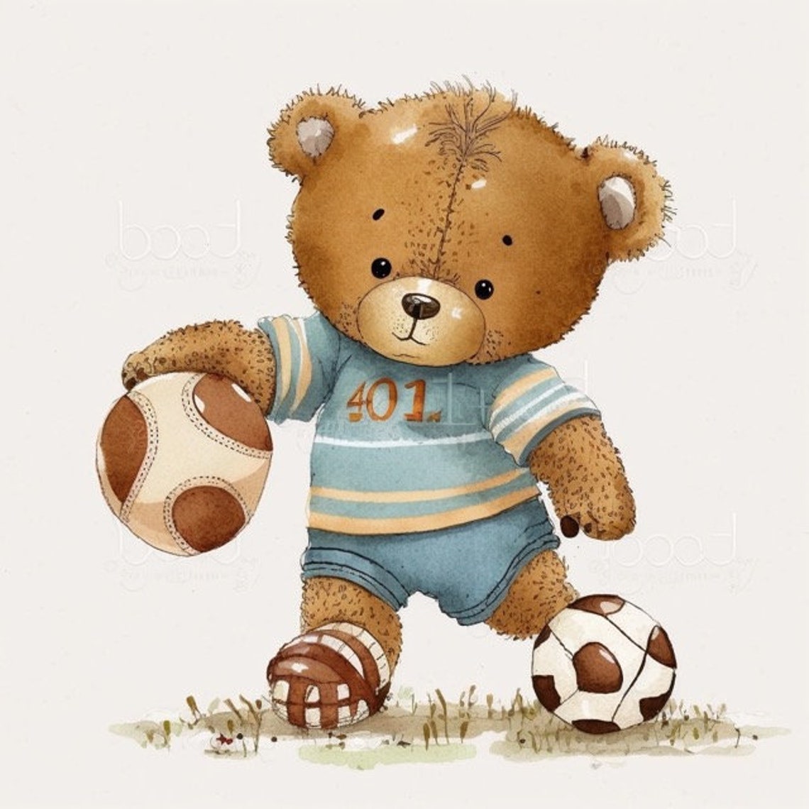 Teddy Bear Playing Soccer Football Watercolor Clipart Clip Art - Etsy