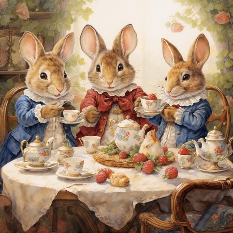 Bunny Rabbit Tea Time Watercolor Clip Art Sublimation Graphics 4 JPG ...