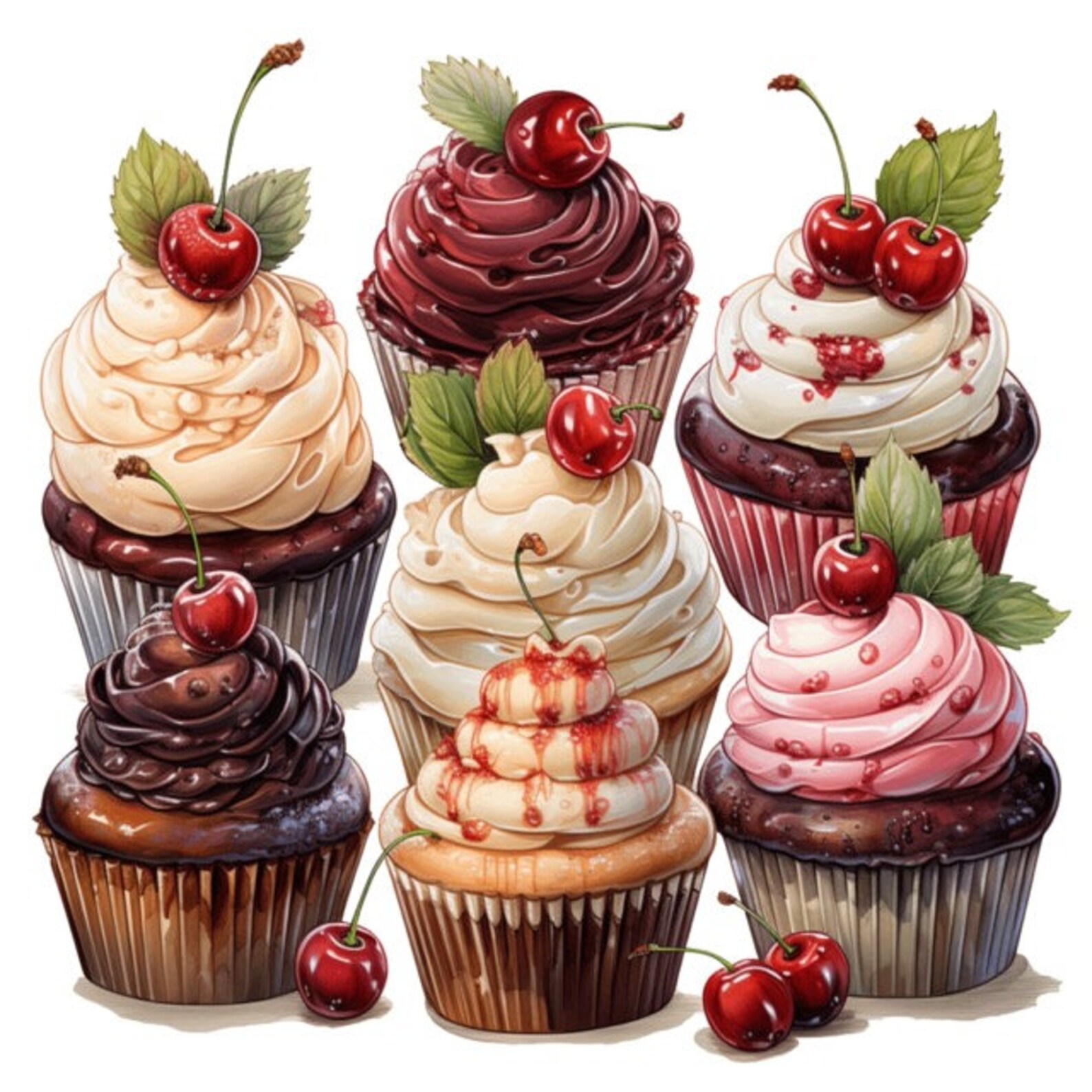 Chocolate Cherry Cupcake Watercolor Clip Art 4 High Quality PNG Card ...