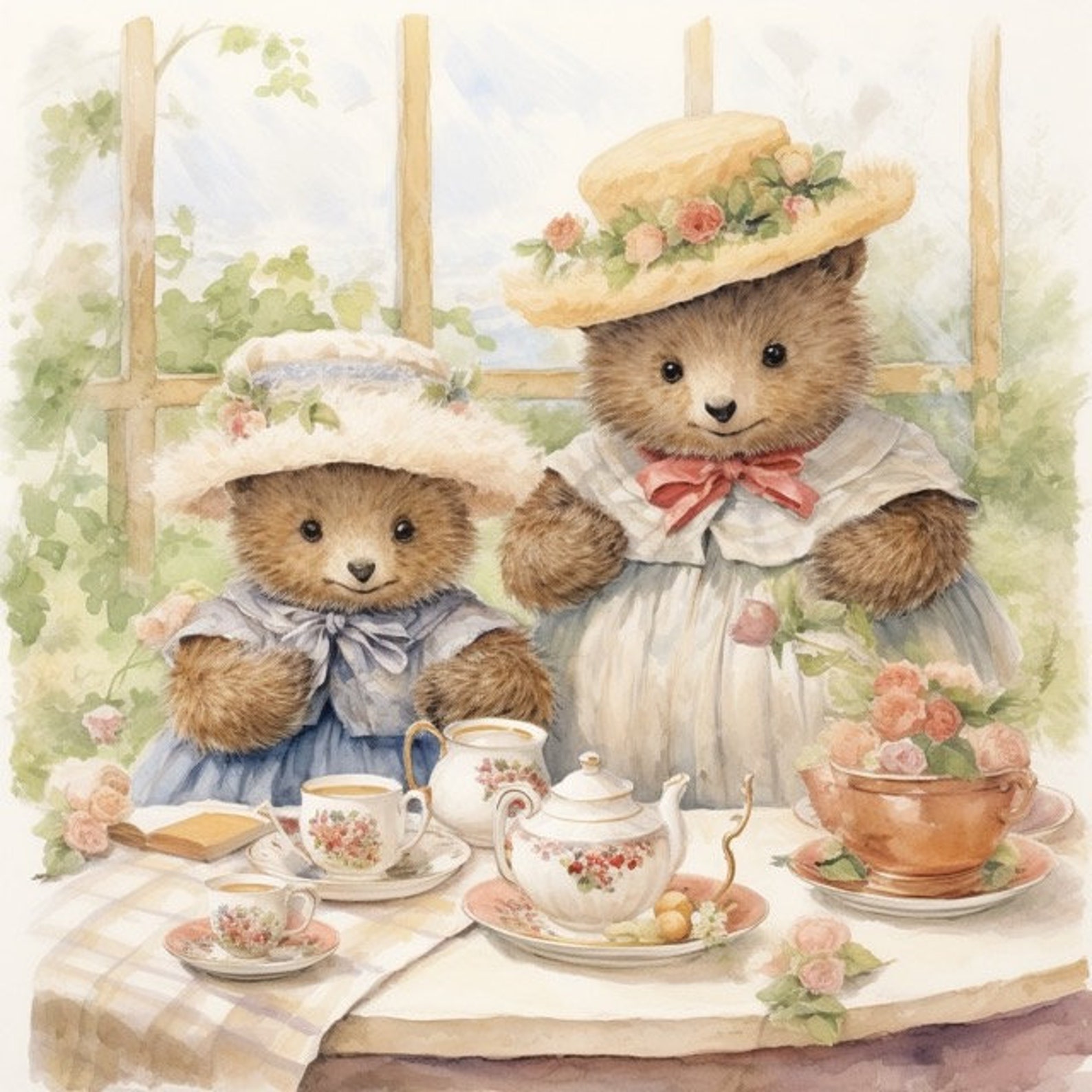 Teddy Bear Tea Time Watercolor Clip Art Sublimation Graphics 4 JPG ...