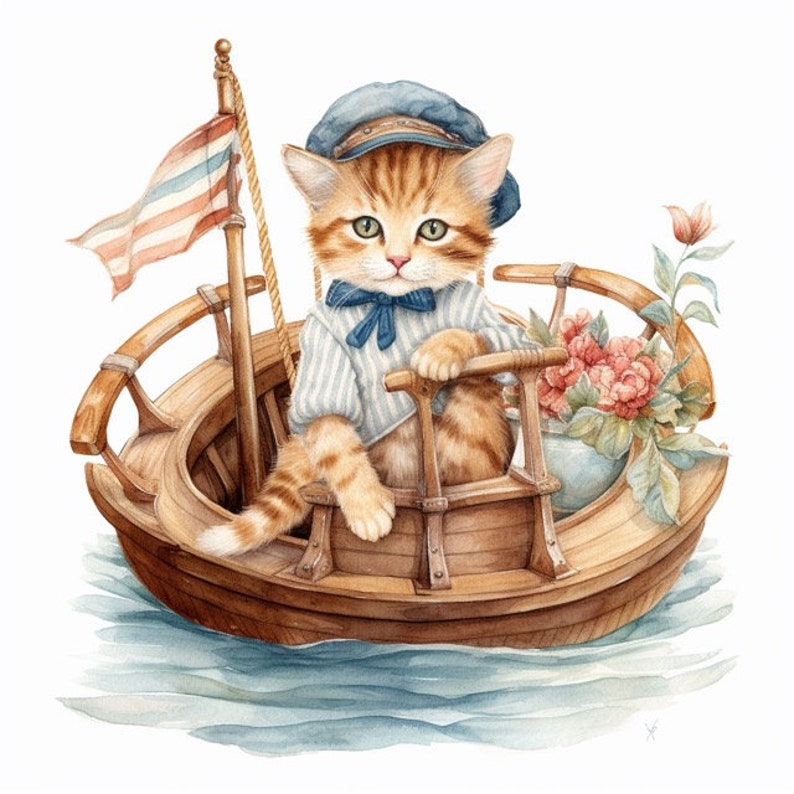 Kitty Cat a Captain Cruising 8 High Quality JPG Watercolor Digital ...