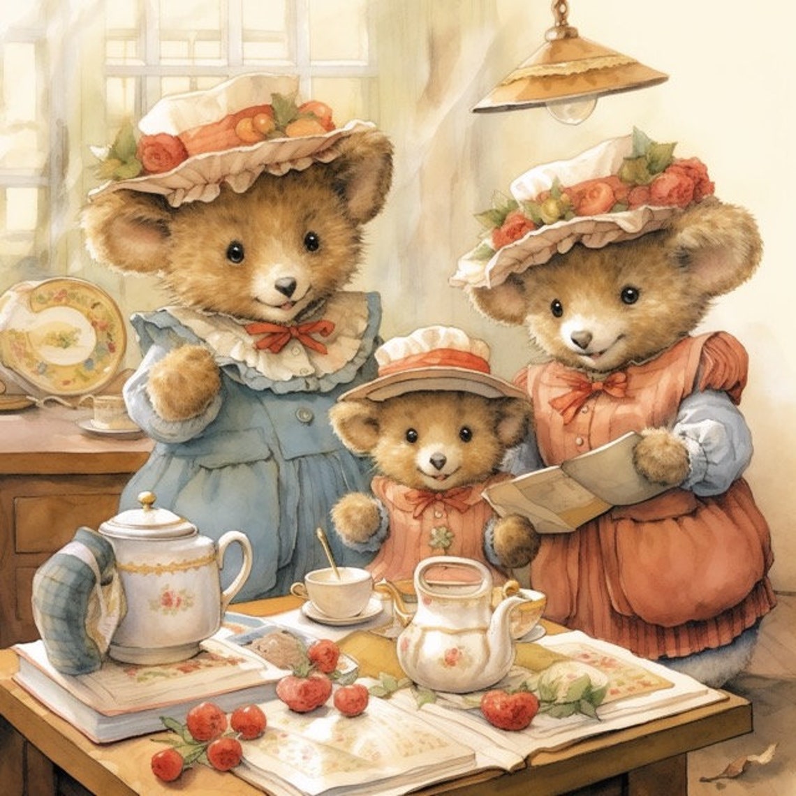 Teddy Bear Tea Time Watercolor Clip Art Sublimation Graphics 4 JPG ...