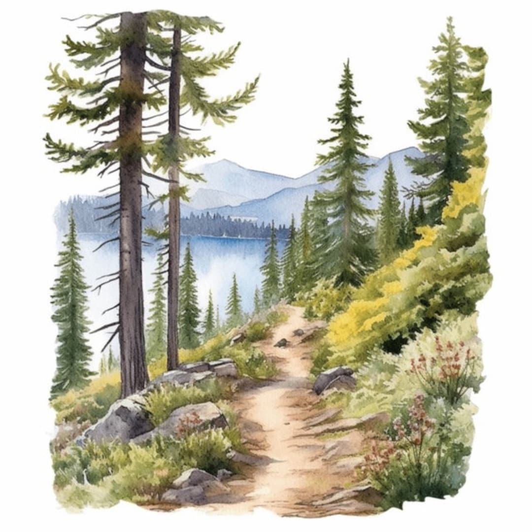 Forest Lake Hiking Trail Watercolor Clip Art 4 High Quality PNG Format ...