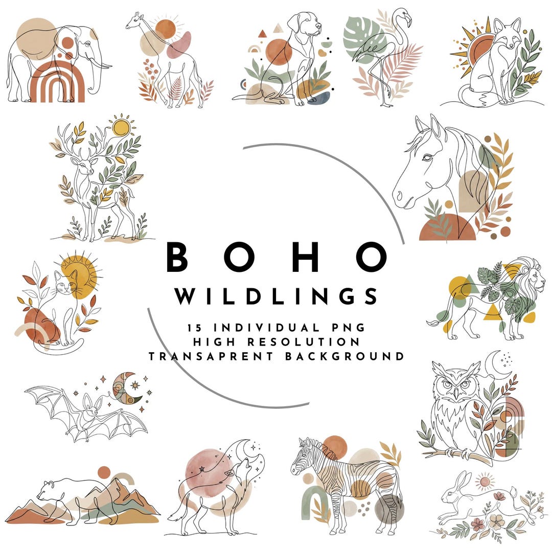 Boho Line Art Animals Clipart Bundle, Earth Tone Graphics, Nursery ...