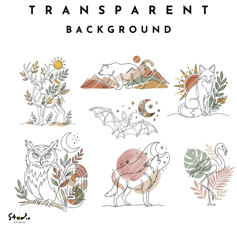 Boho Line Art Animals Clipart Bundle, Earth Tone Graphics, Nursery ...