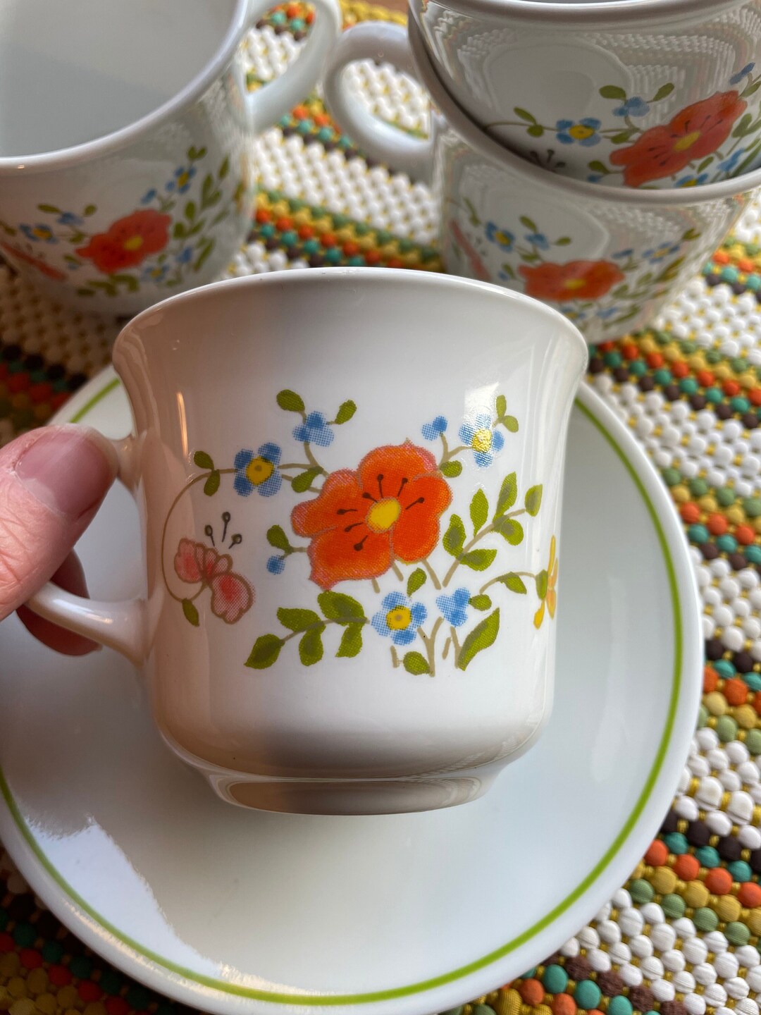 Vintage Corelle by Corning Wildflower Coffee Cups, Orange Blue Green ...