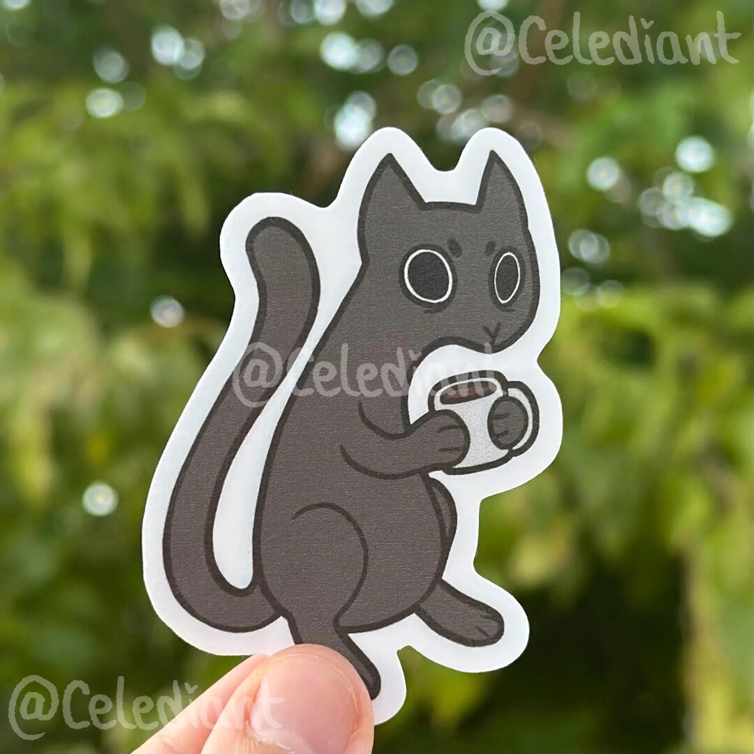 Cat Caffeine Addict Sticker: Funny Meme Decal for Laptop, Water Bottle ...