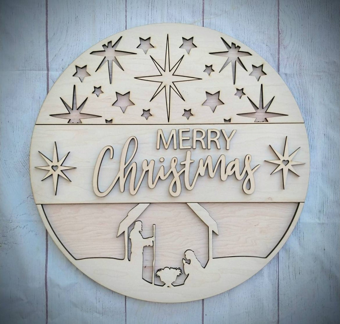Nativity DIY Round Door Sign / Merry Christmas Door Hanger / - Etsy