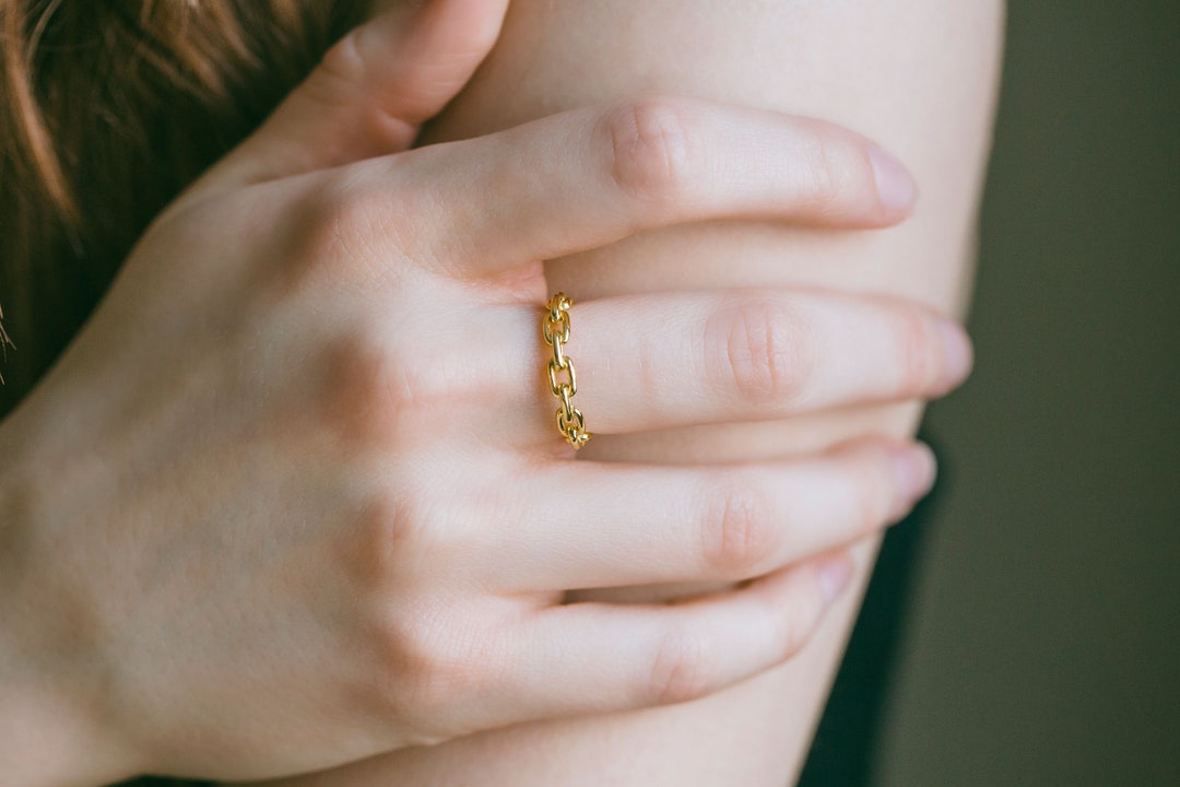 Gold Silver Chain Link Adjustable Ring • Sterling Silver Lock Ring ...