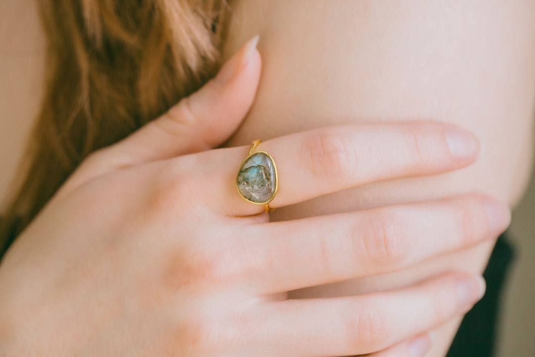Gemstone Adjustable Ring • Green Moonstone Ring • Statement Ring • BOHO ...