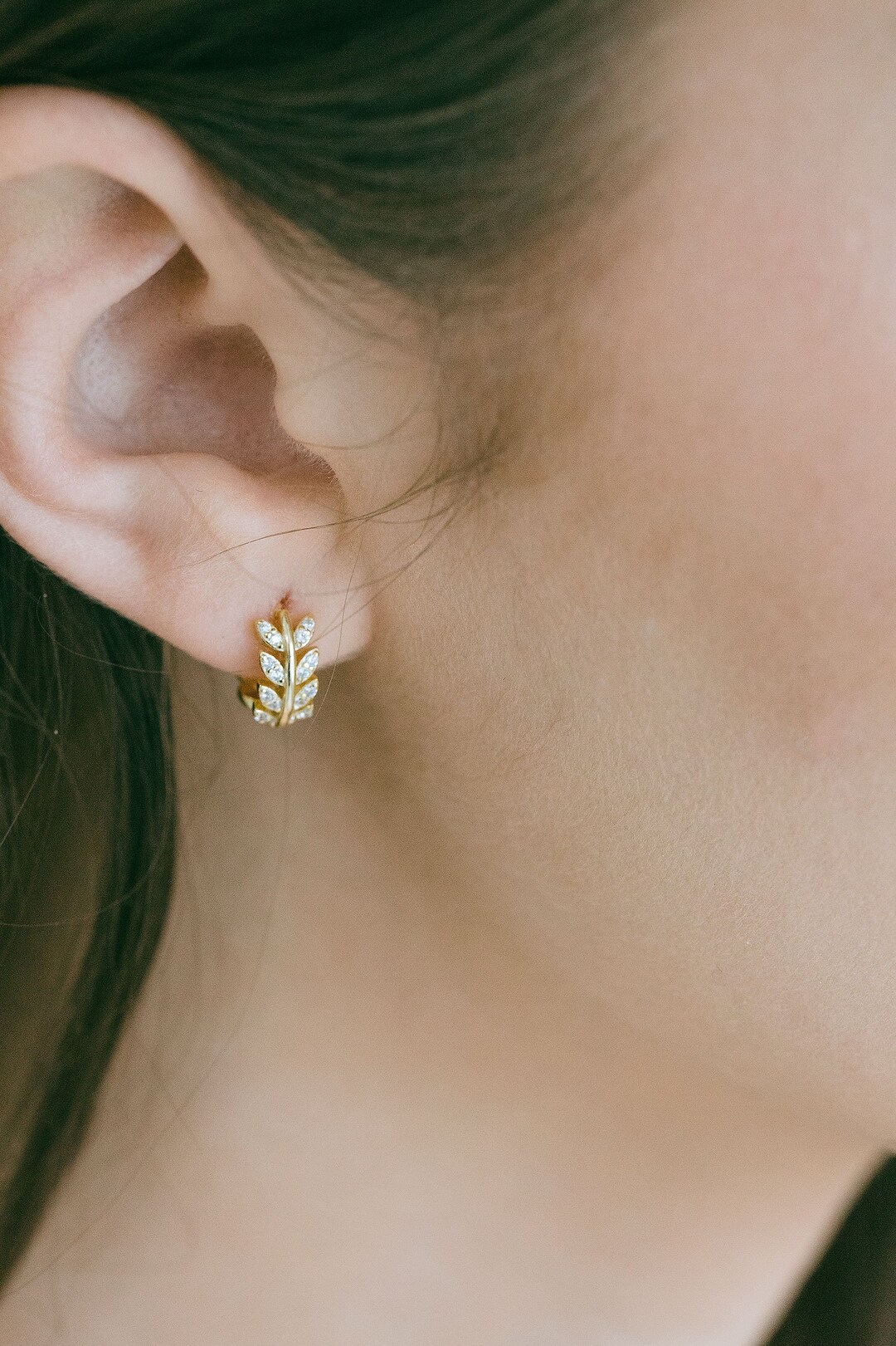 Crystal Leaf Hoop Earrings, Olive Leaf Huggies Earrings, Tiny Hoop Earrings, Huggies Hoop ...