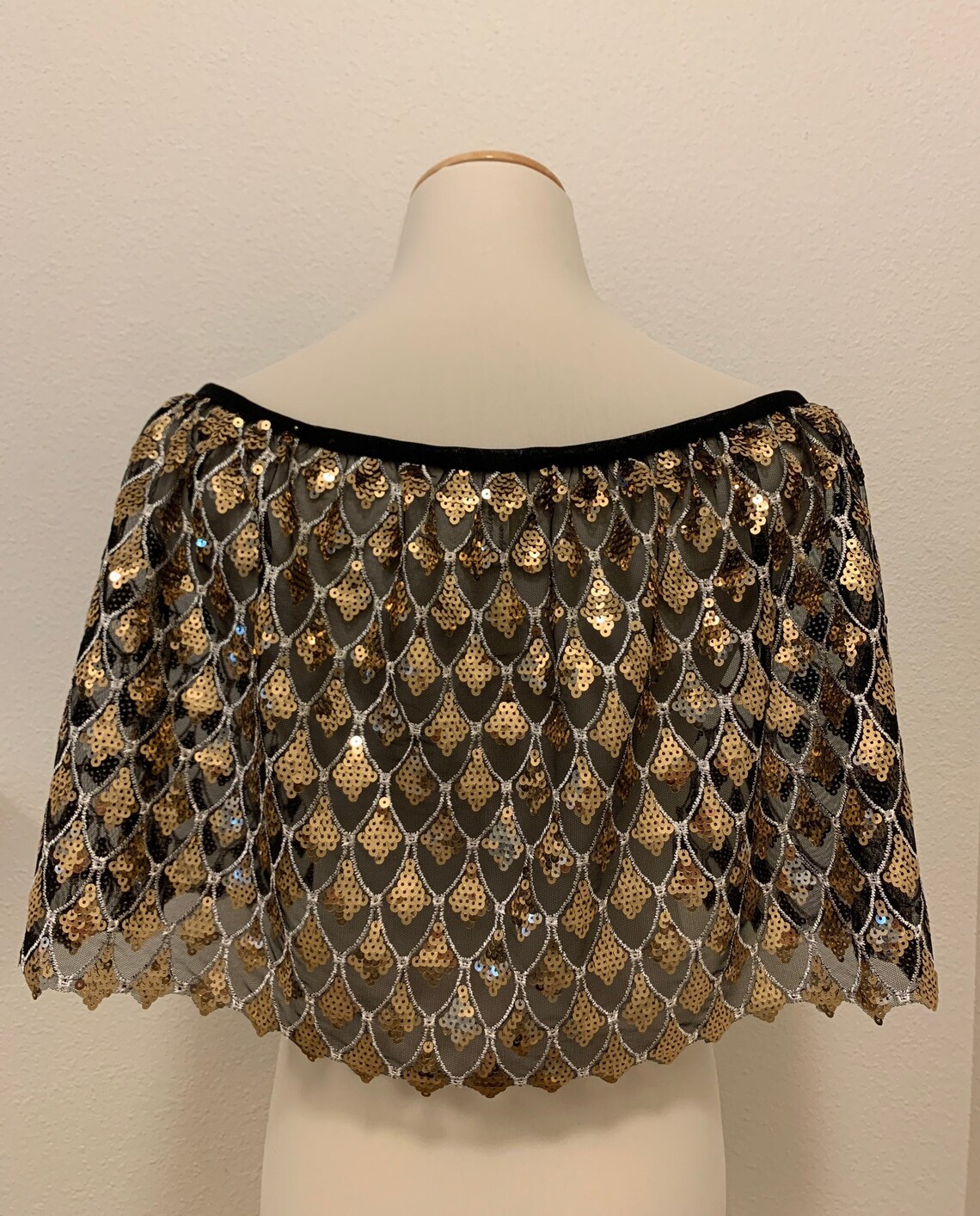 Black and Gold Tulle Wedding Cape, Scalloped Embroidery Shawl, Sequin ...