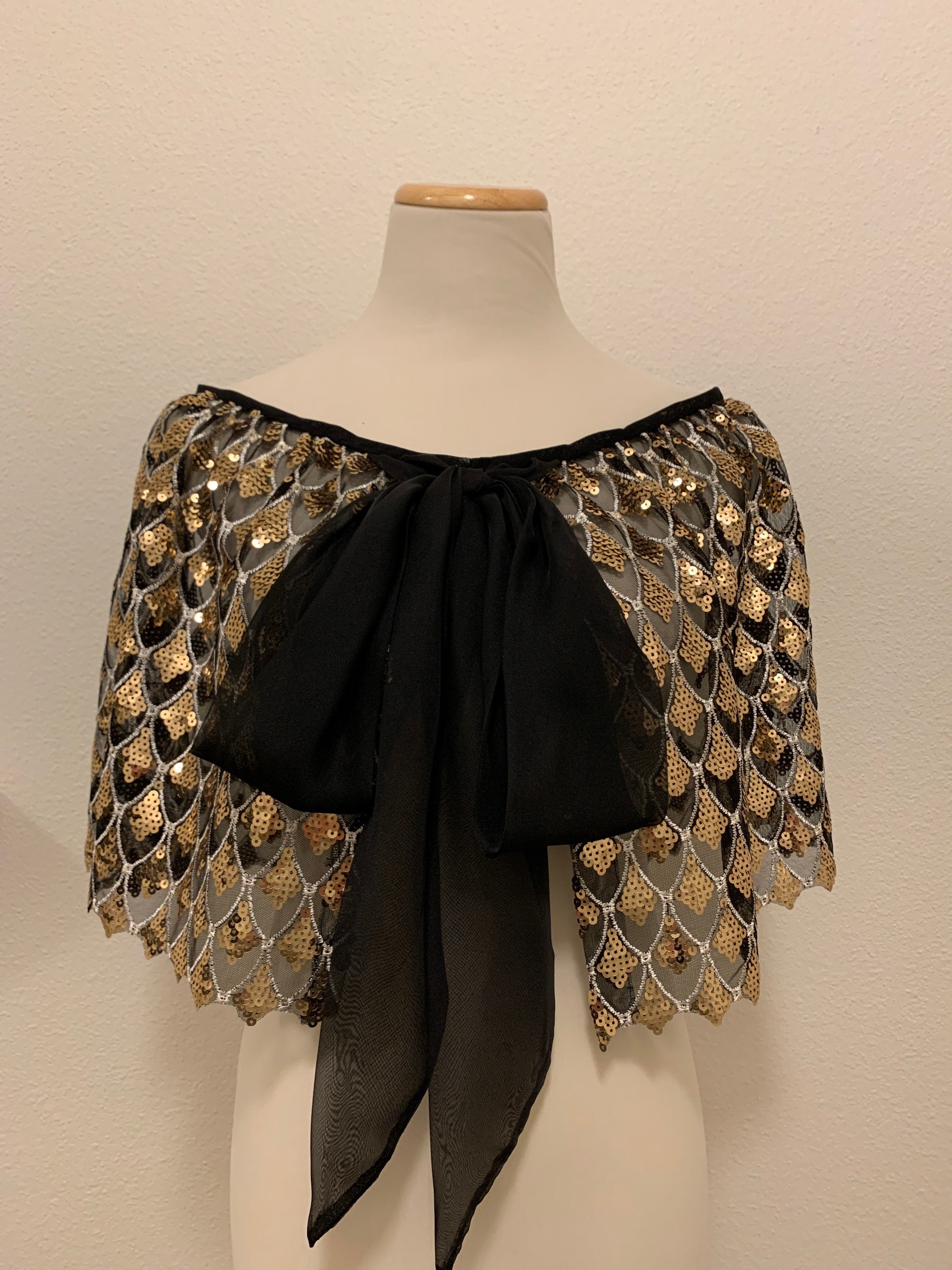 Black and Gold Tulle Wedding Cape, Scalloped Embroidery Shawl, Sequin ...
