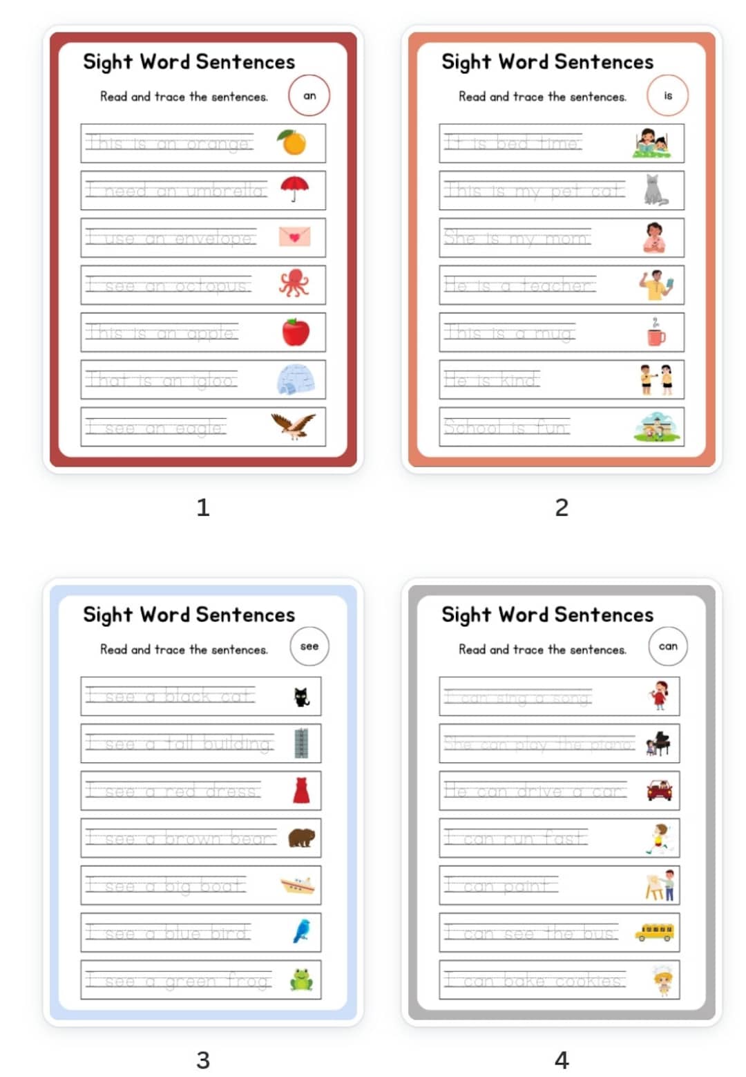 Kindergarten 5 Sight Words Sentence Worksheet - a an is See Can, Plus ...