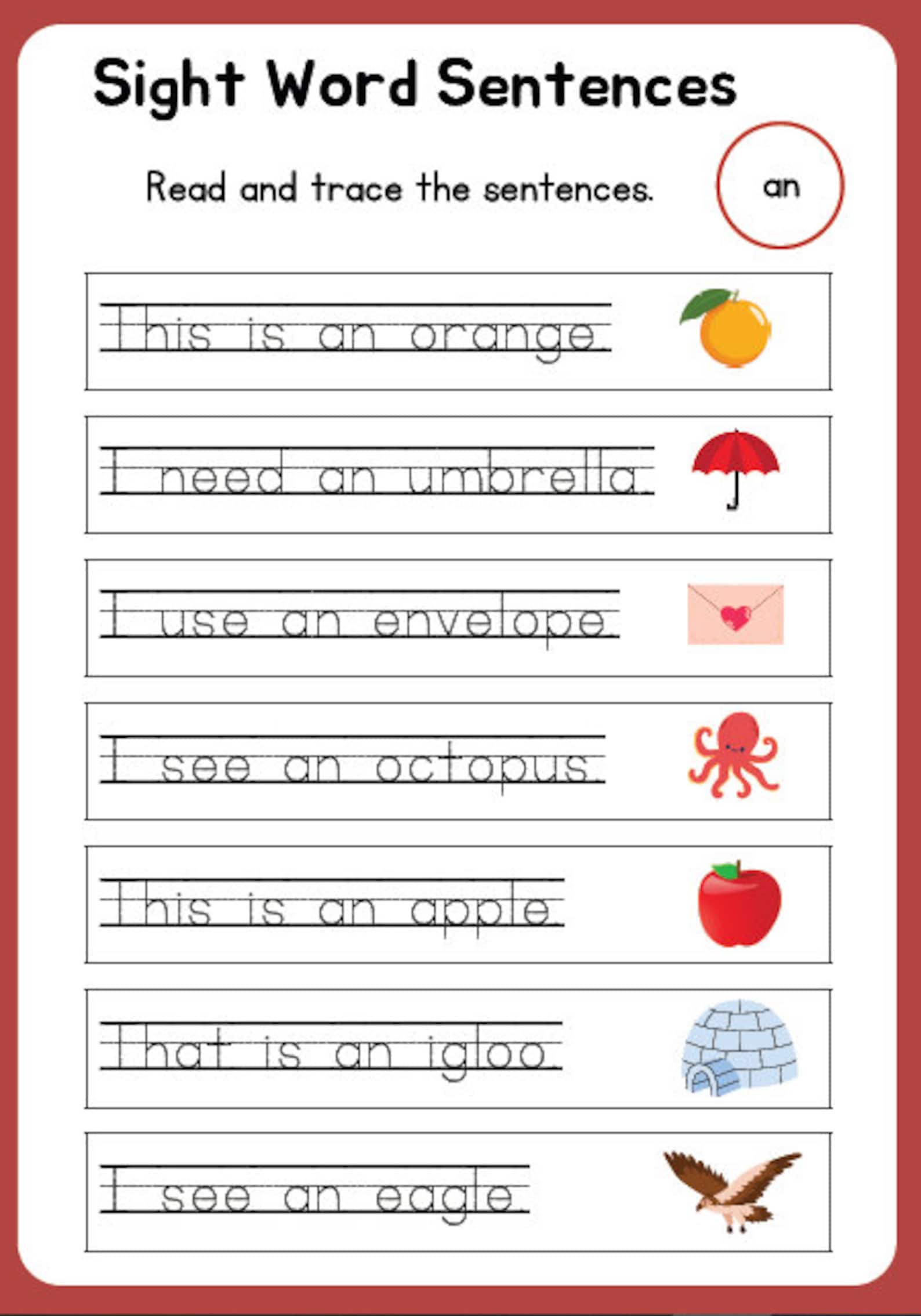 Kindergarten 5 Sight Words Sentence Worksheet - a an is See Can, Plus ...