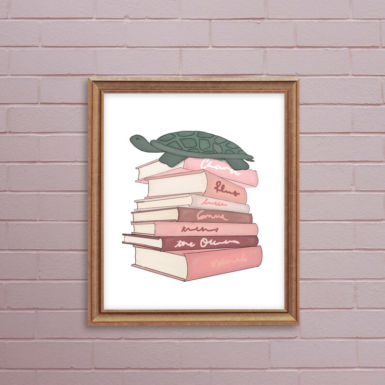 Turtle on Books Digital Print. Stack of Classic Books Wall Art ...