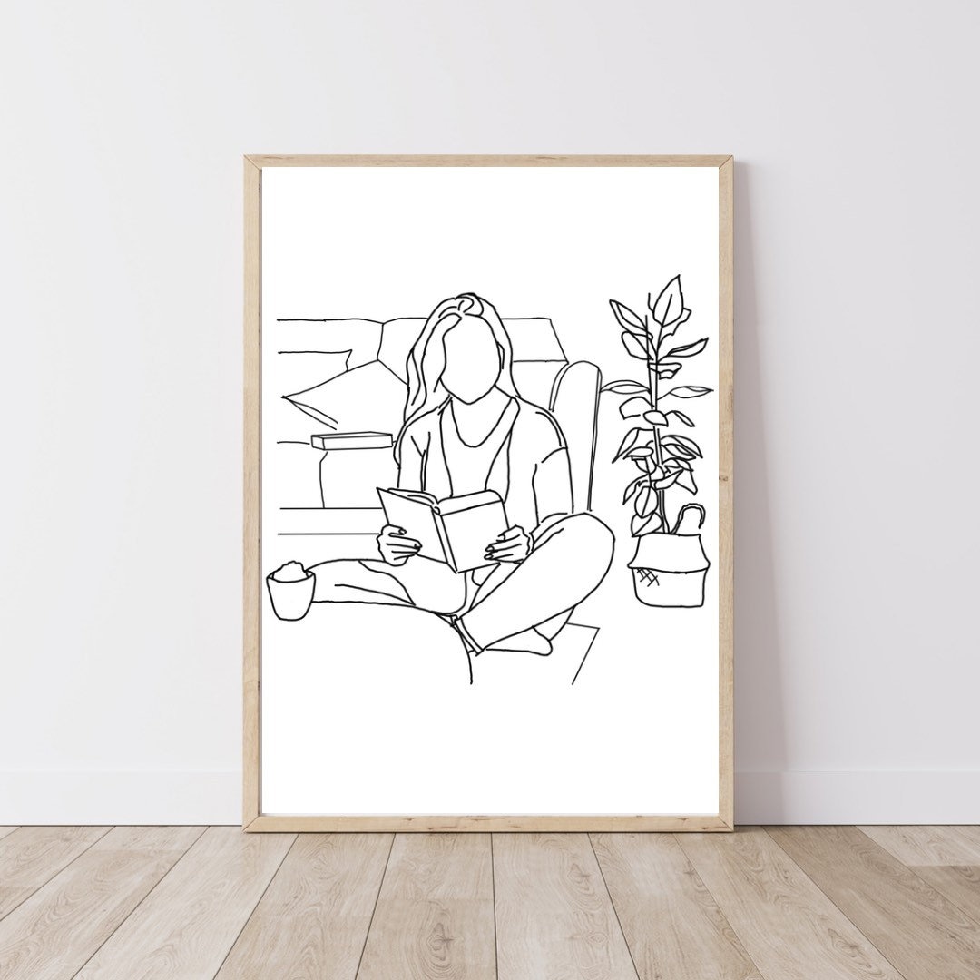Woman Reading Book Line Art Digital Print. Girl With Book Minimalist ...