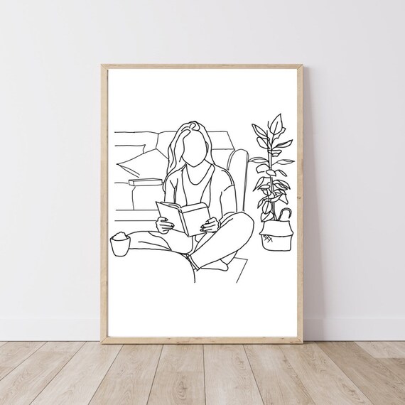 Woman Reading Book Line Art Digital Print. Girl With Book - Etsy