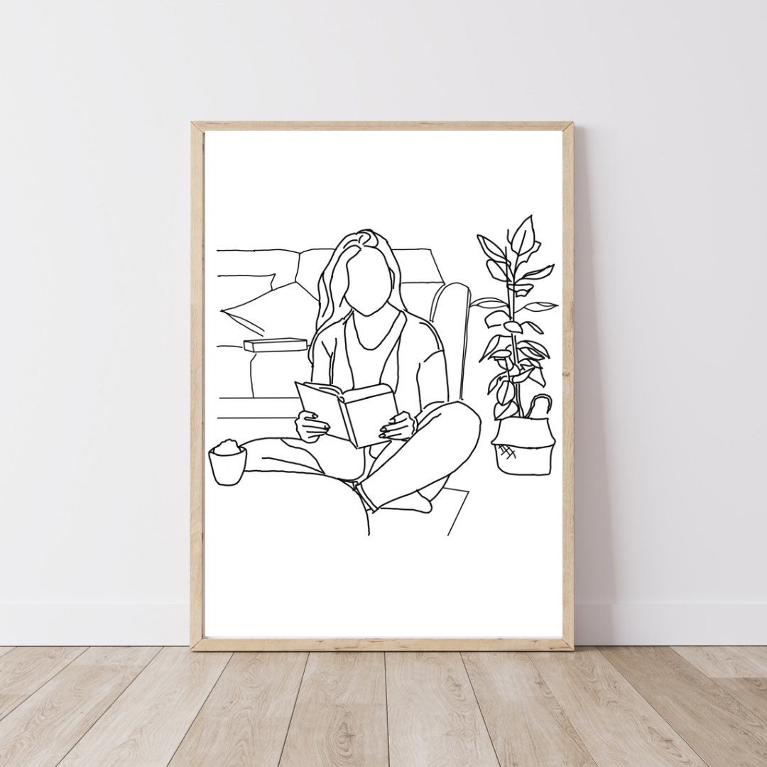 Woman Reading Book Line Art Digital Print. Girl With Book Minimalist ...