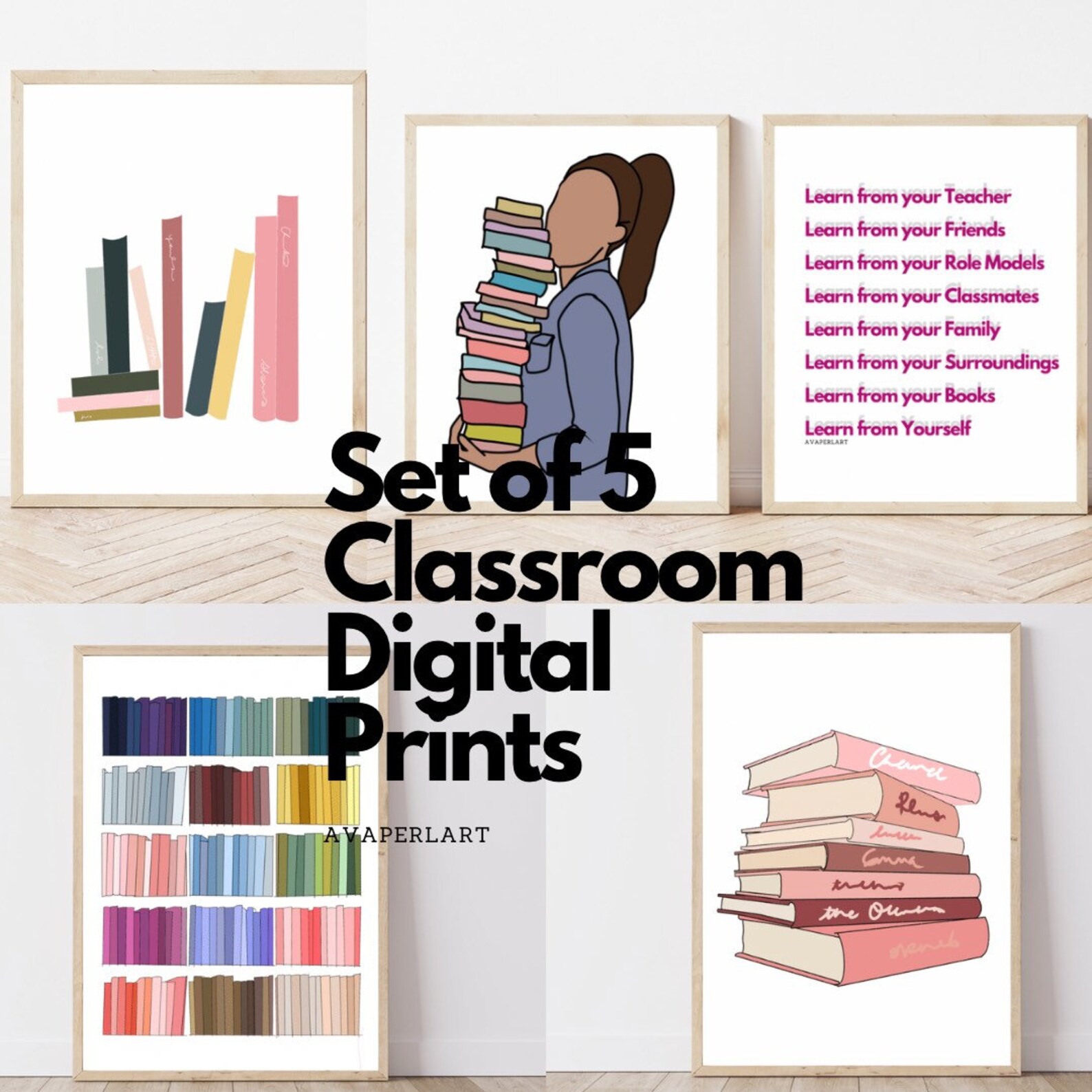 Set of 5 Reading Books Stacked Books Classroom Artwork for Teacher ...