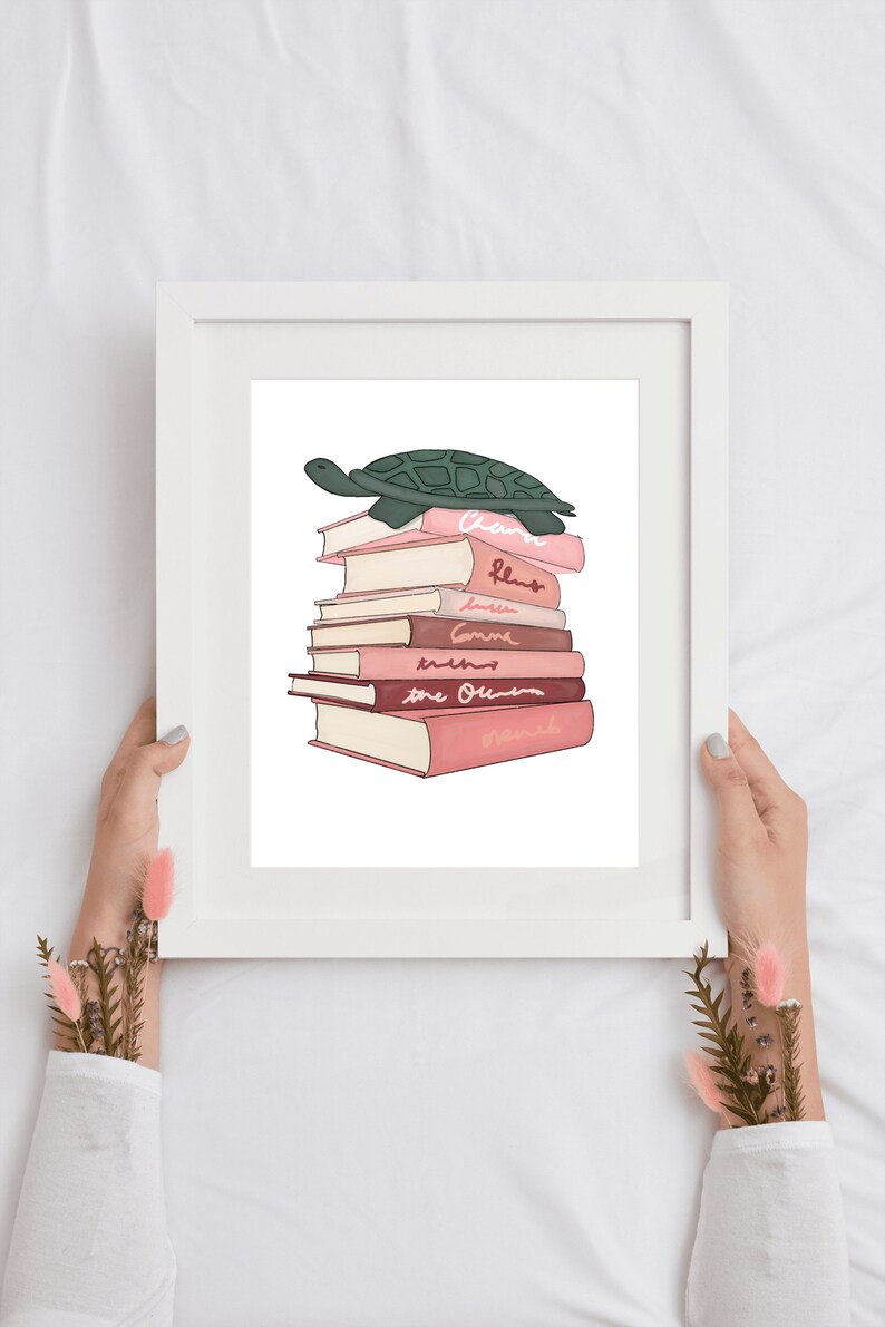 Turtle on Books Digital Print. Stack of Classic Books Wall Art ...
