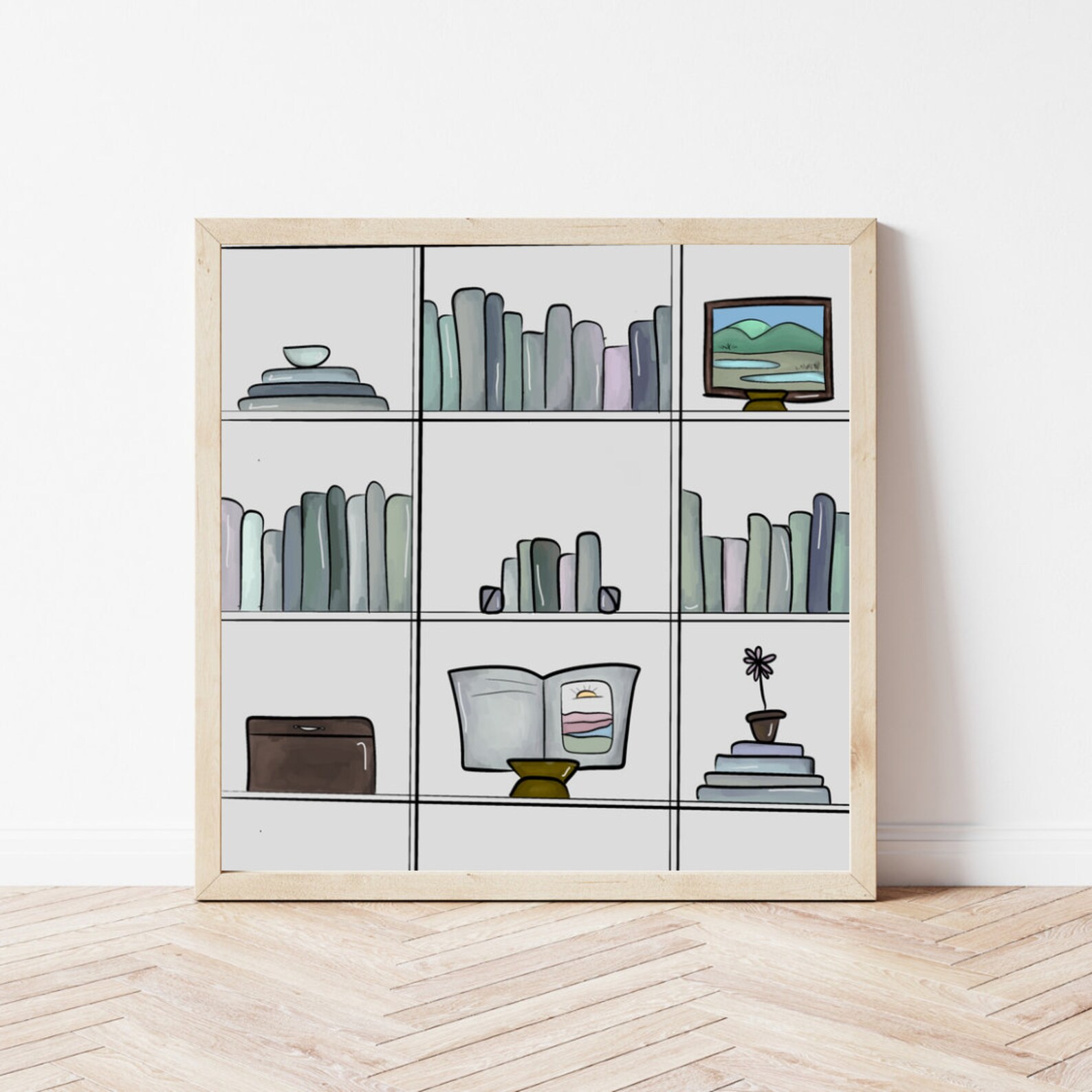 Bookshelf Digital Print Grey Stack of Classic Books Wall Art ...