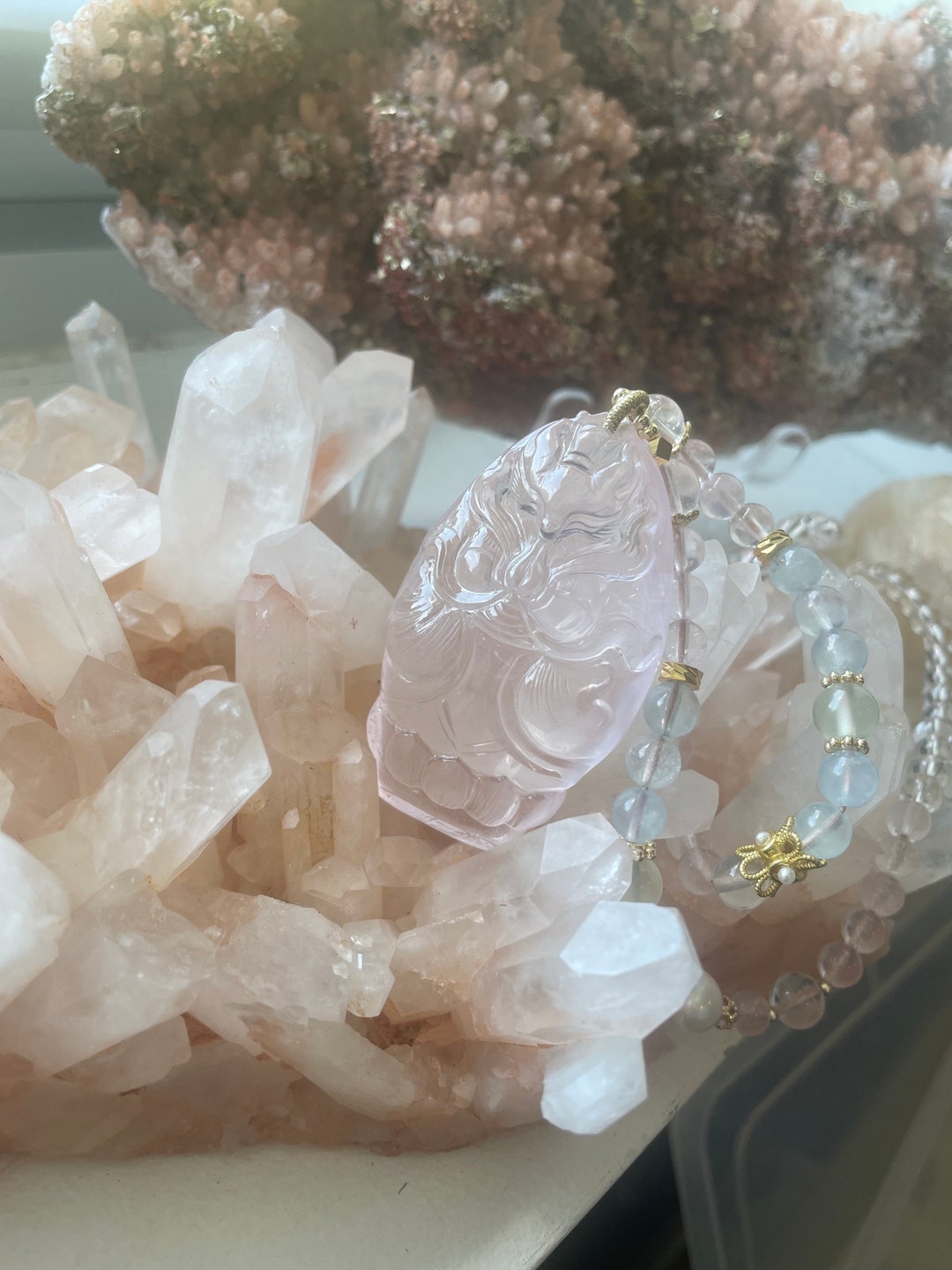 Rose Quartz Kitsune, Ninetailed Fox Pendant, Meditation Fox Pendant ...