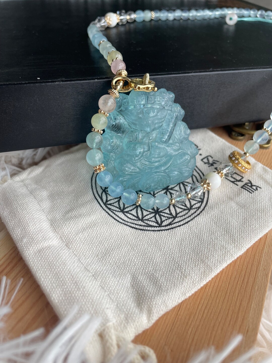 Starlight Aquamarine Kitsune, Ninetailed Fox Pendant, Meditation Fox ...