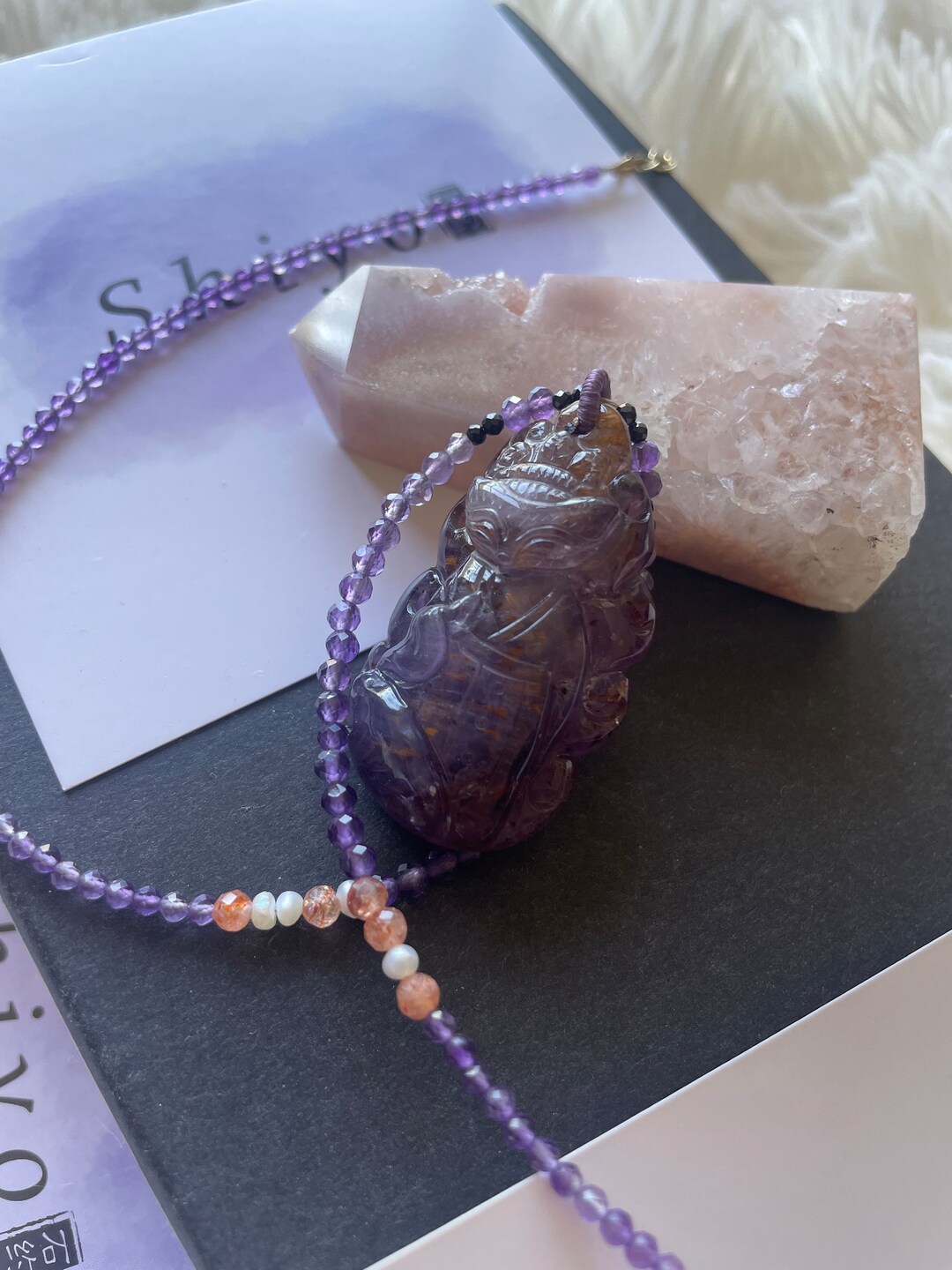 Amethyst Rutilated Quartz Kitsune, Empress Fox Pendant, Kitsune, Nine ...