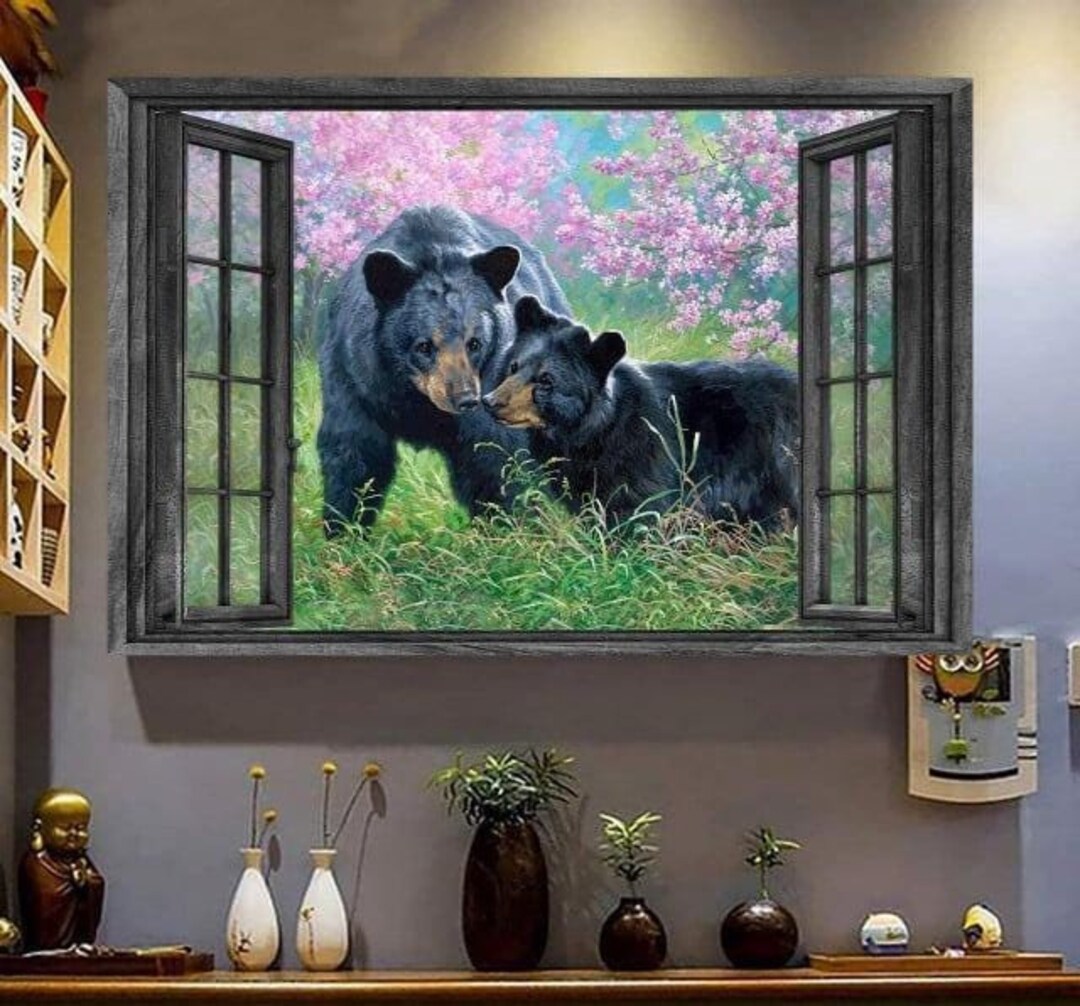Bear 3D Window View Mother's Day Poster Father's Day Canvas Black Bears ...