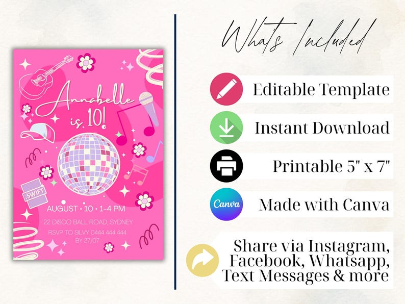 Editable Taylor Disco Printable Invite 5x7", Birthday Girl, Music Theme ...