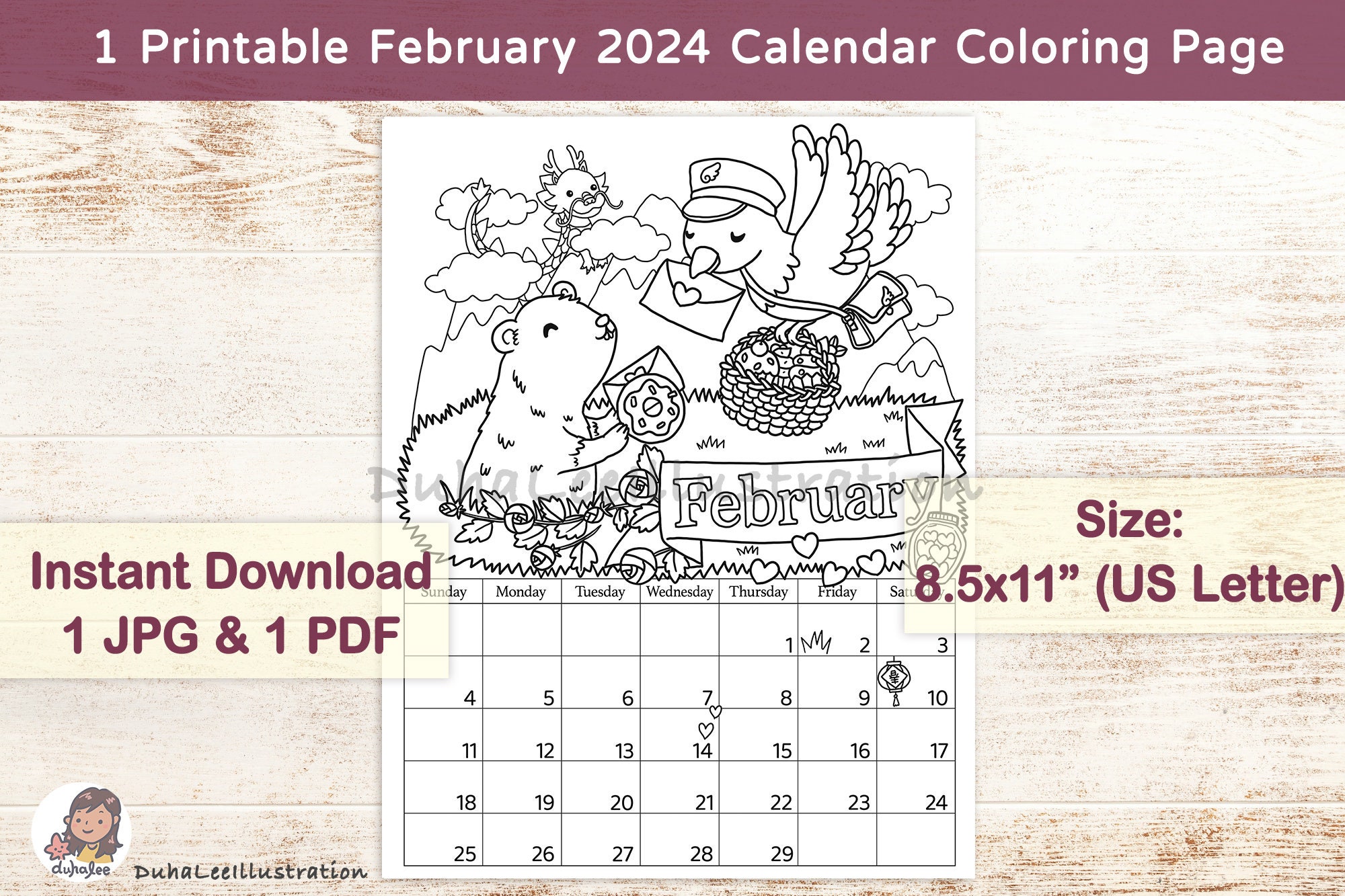 Printable February 2024 Calendar Coloring Page, Valentine's Day ...