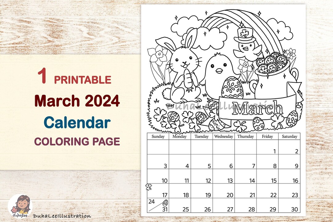 Printable March 2024 Calendar Coloring Page, St. Patrick's Day Coloring ...