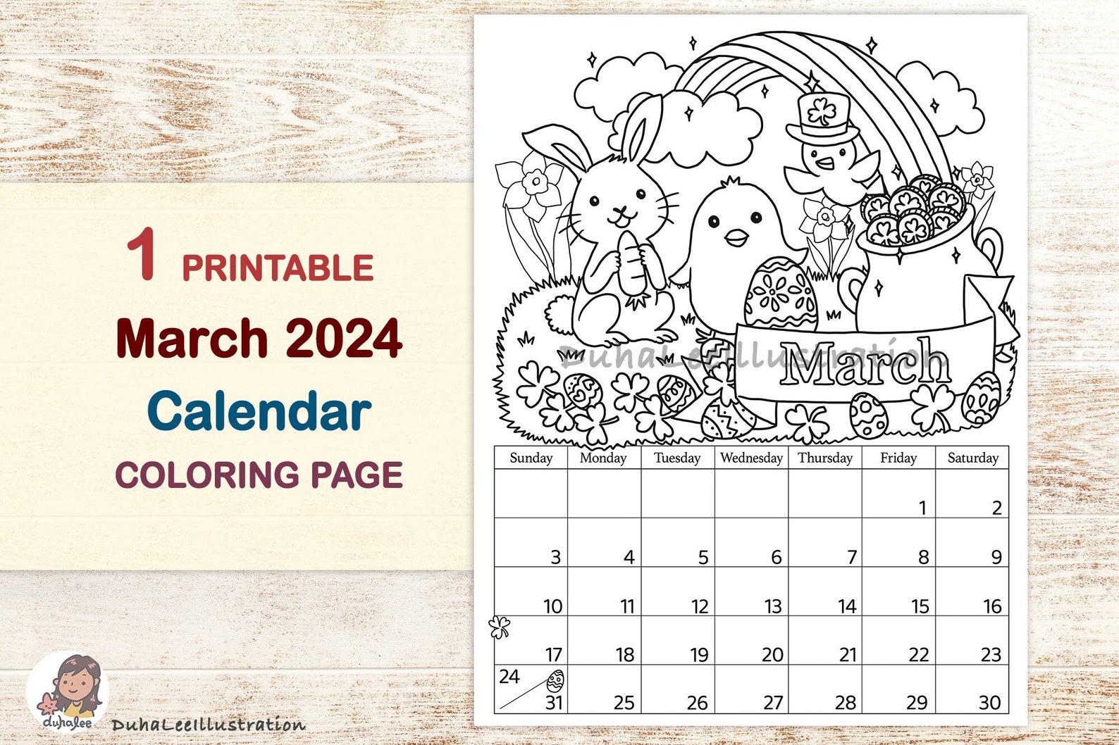 Printable March 2024 Calendar Coloring Page, St. Patrick's Day Coloring ...