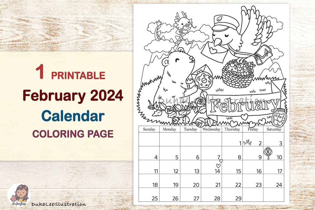 Printable February 2024 Calendar Coloring Page, Valentine's Day ...
