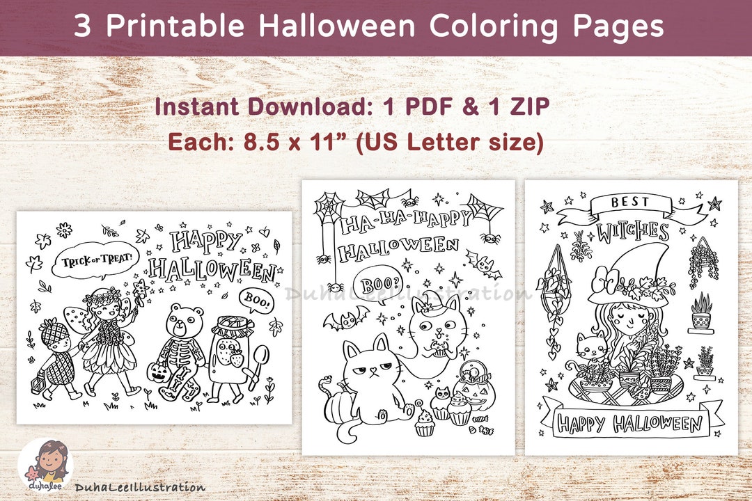3 Printable Halloween Coloring Pages, Happy Halloween Coloring Card ...