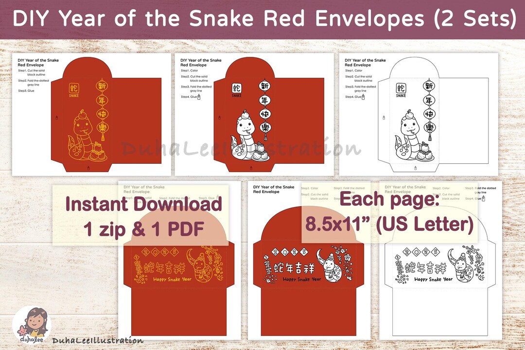 Printable 2025 Year of the Snake Red Envelopes, Lunar New Year Kids ...