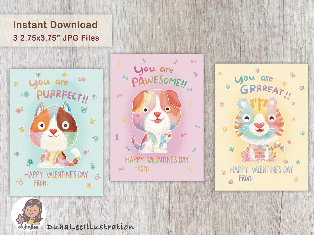 Printable Kids Valentine Cards | Kids School Card | Animal Valentine's ...
