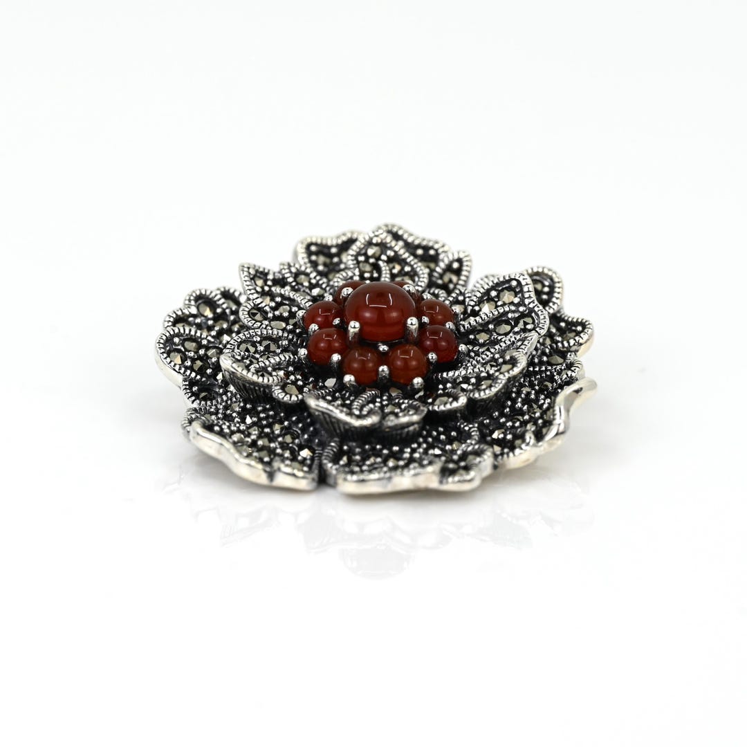 Brooch Pendant With Natural Marcasite and Red Agate Gemstone 925 ...