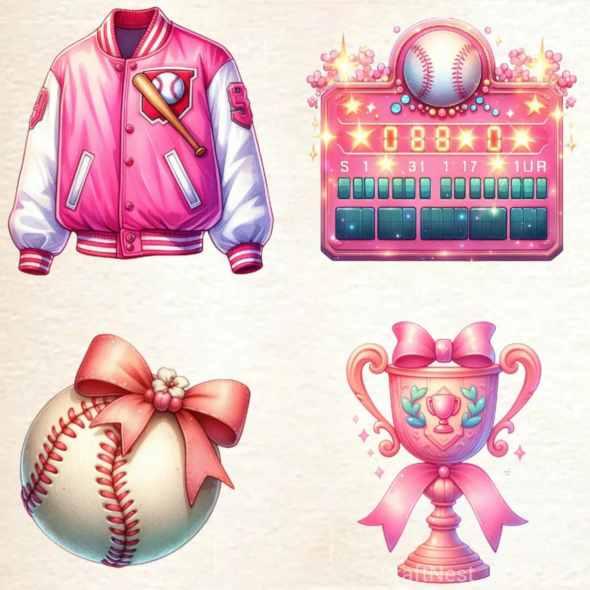 30 Retro Girly Baseball Clipart | Transparent PNG Bundle | Easy Cutting ...