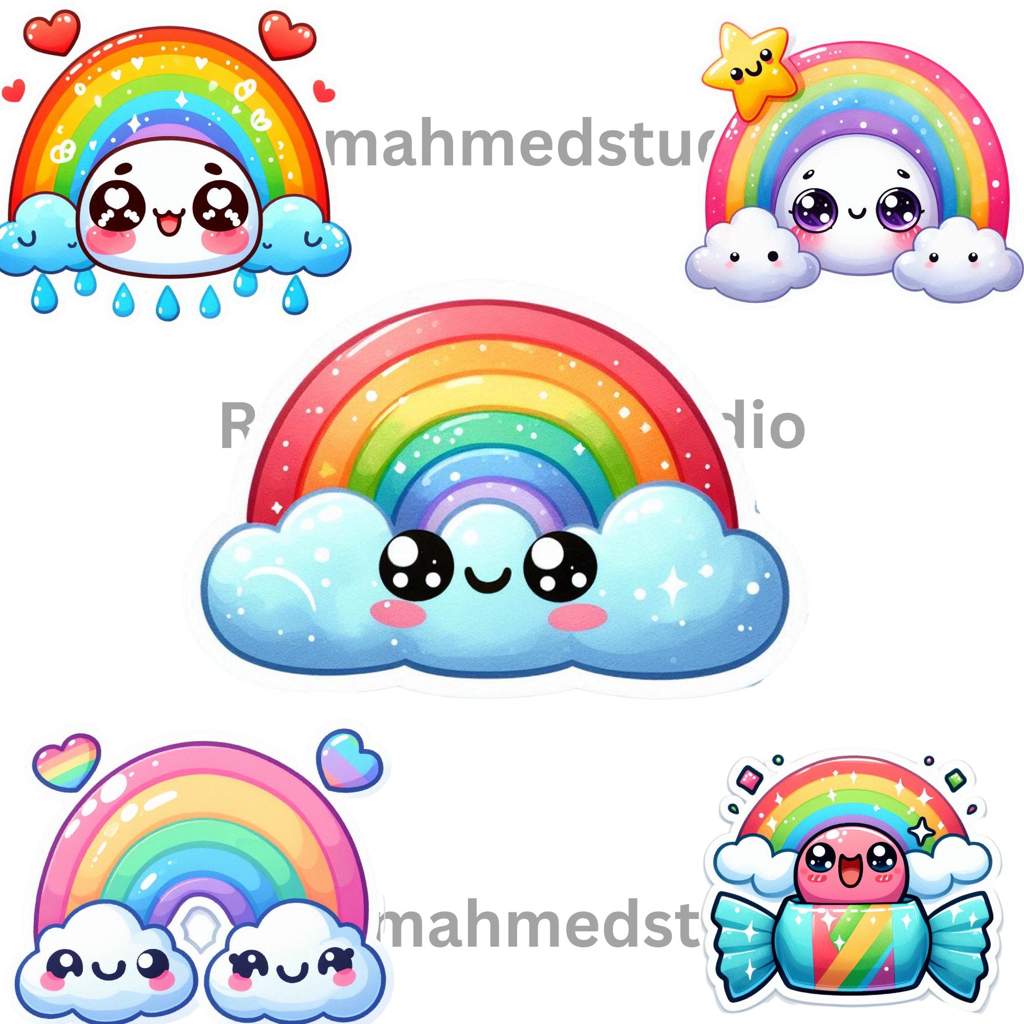 Kawaii Rainbow Sticker Clipart Bundle: Pastel PNG Graphics (digital ...