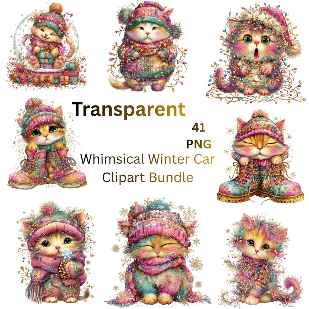 Whimsical Winter Cat Clipart Bundle, Cozy Kitten PNG, Holiday Animal ...