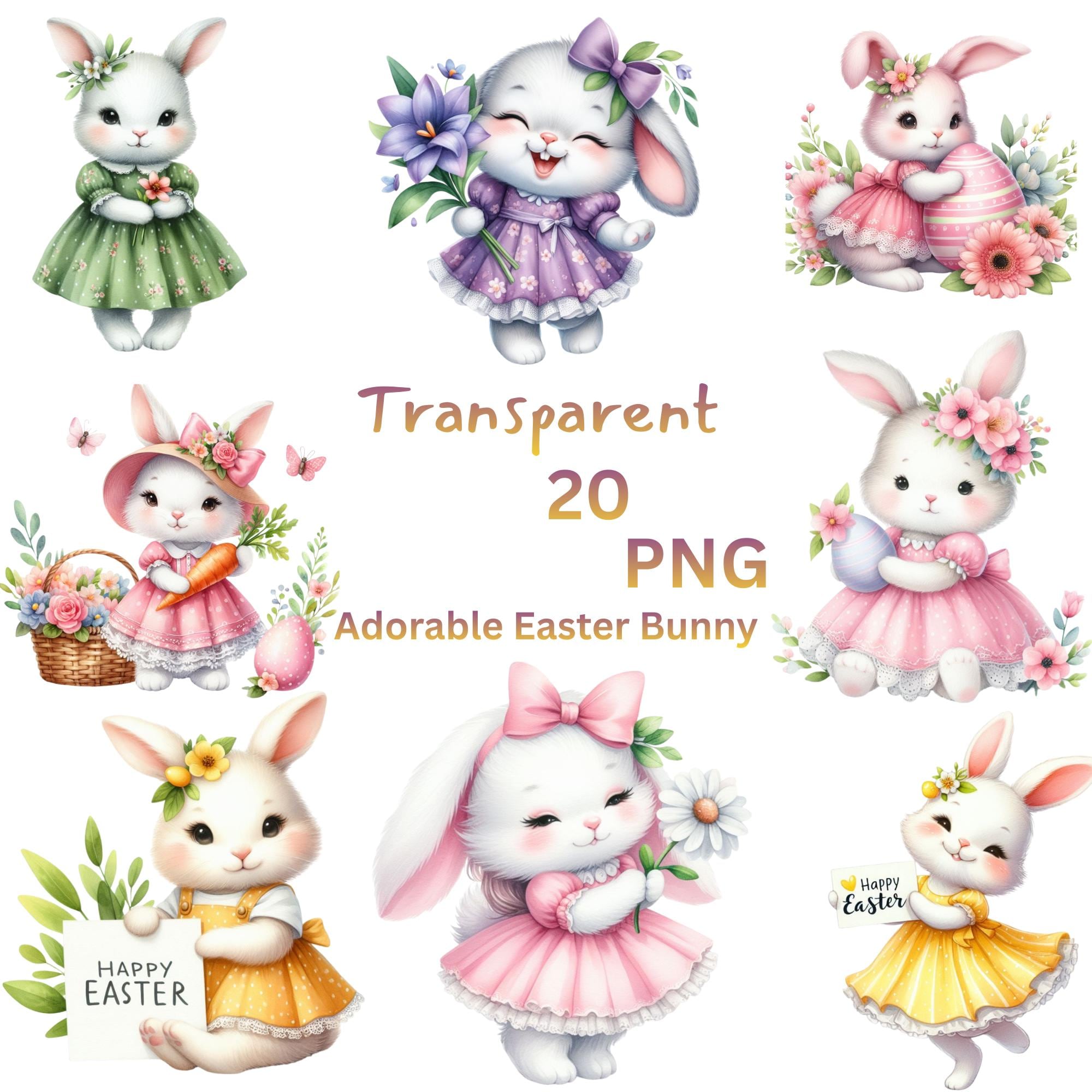 20 Adorable Easter Bunny Clipart Bundle PNG, Cute Spring Rabbit ...