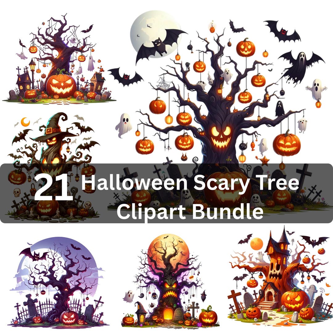 Spooky Halloween Tree Clipart Bundle: Creepy Forest PNG Graphics ...
